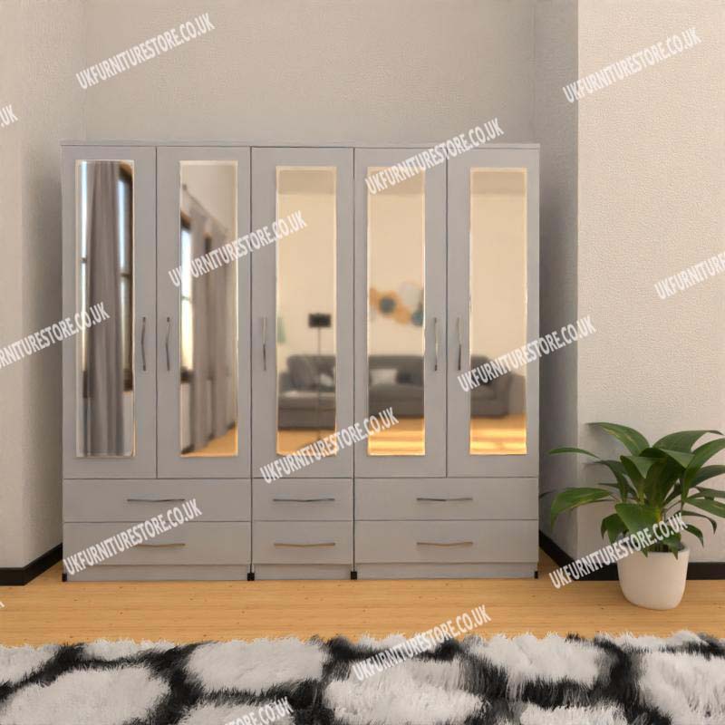 5 Door Wardrobe With 5 Mirrors & 6 Drawers - Storage Solution