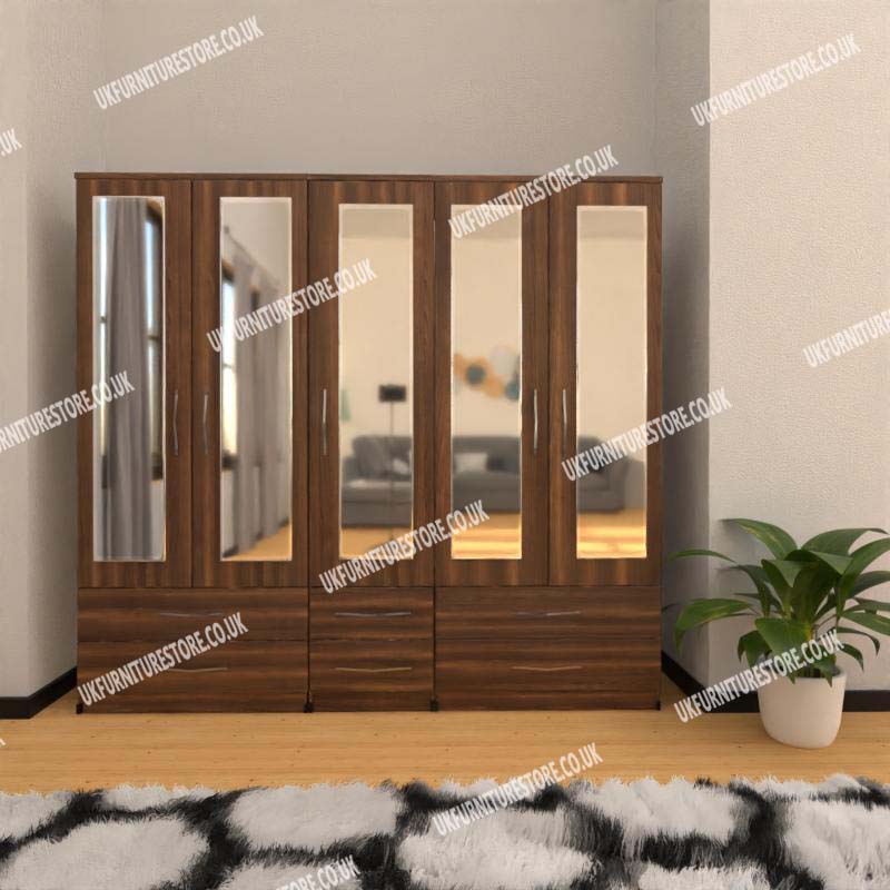 5 Door Wardrobe With 5 Mirrors & 6 Drawers - Storage Solution