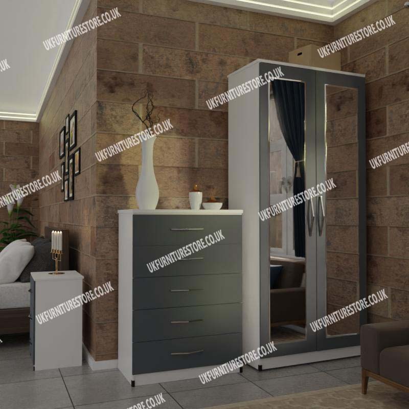 3 Piece 2 Door Mirrored Wardrobe Set - Uk Furniture Store