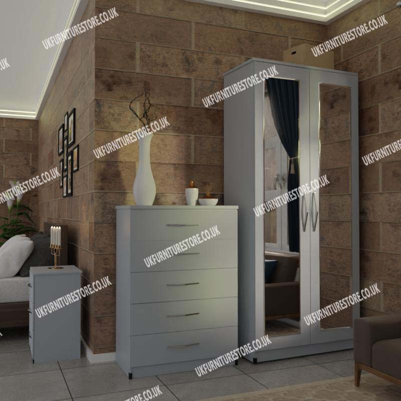 3 Piece 2 Door Mirrored Wardrobe Set - Uk Furniture Store